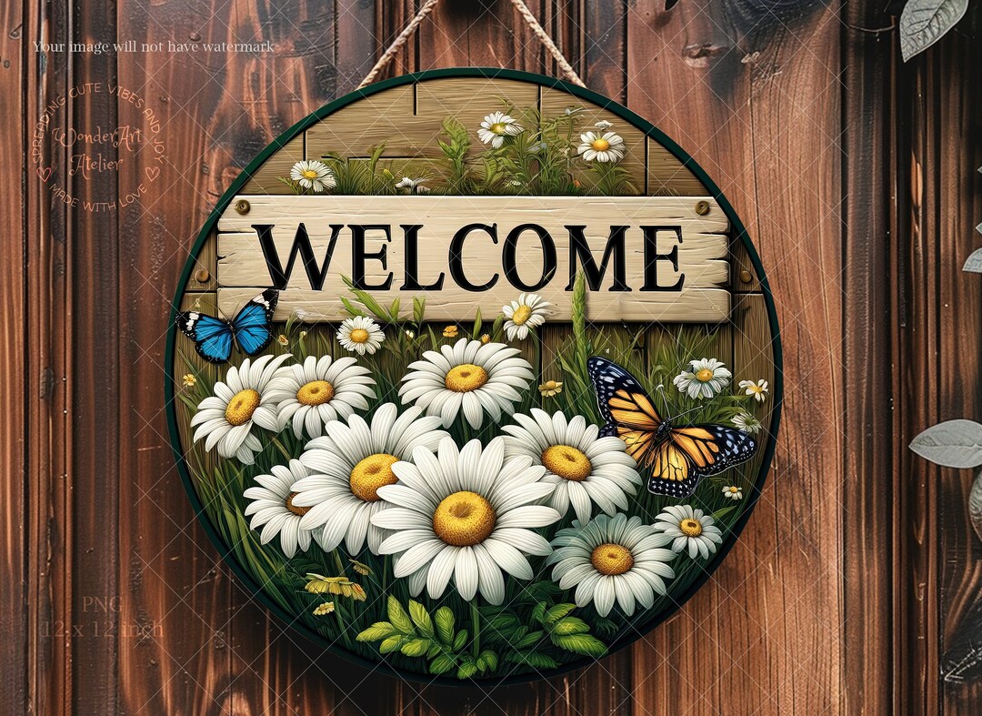 Daisies Door Hanger, Wreath Sign, Welcome Sign, Sublimation Design PNG ...