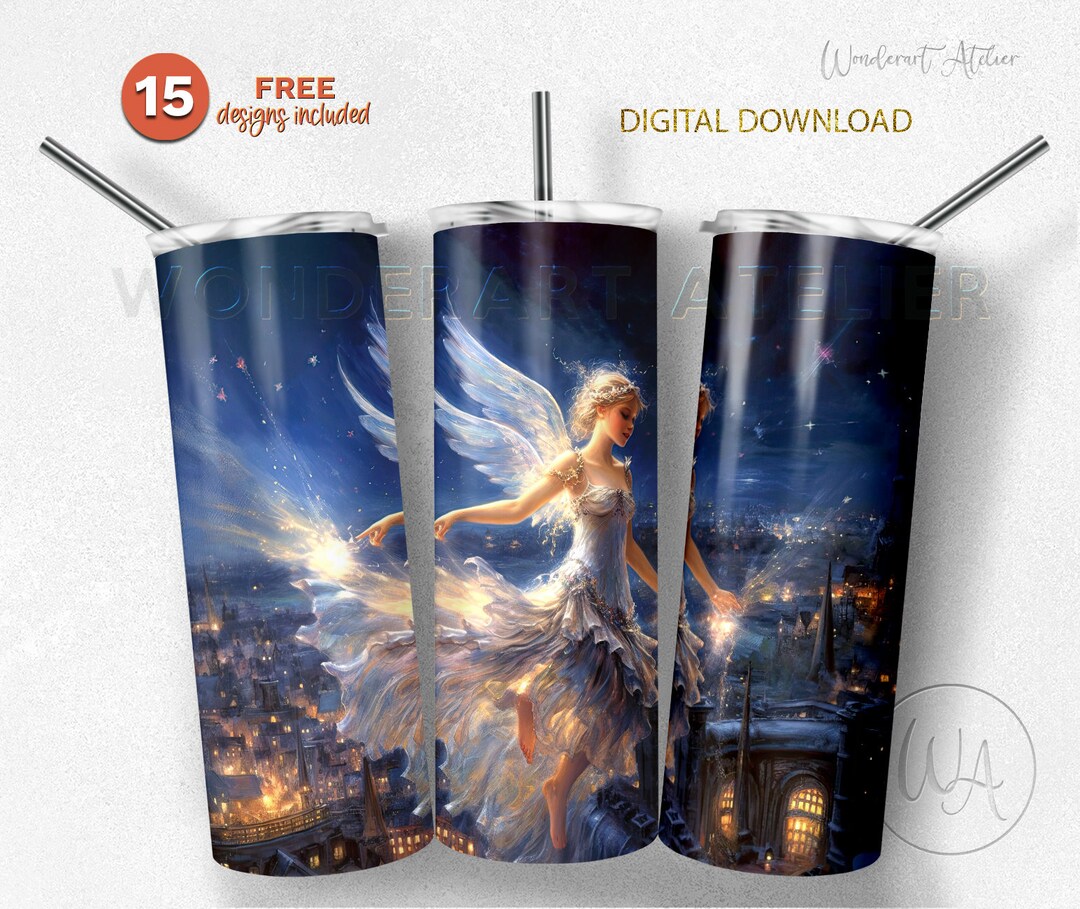 Angel Sublimation Tumbler Wrap PNG Design - Angel Flying Over a City at ...