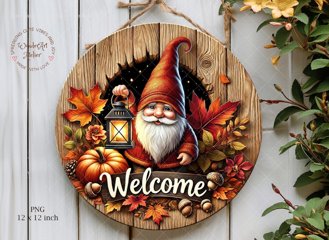 Autumn Gnome Door Hanger, Wreath Sign Gnome Welcome Fall PNG, Round ...