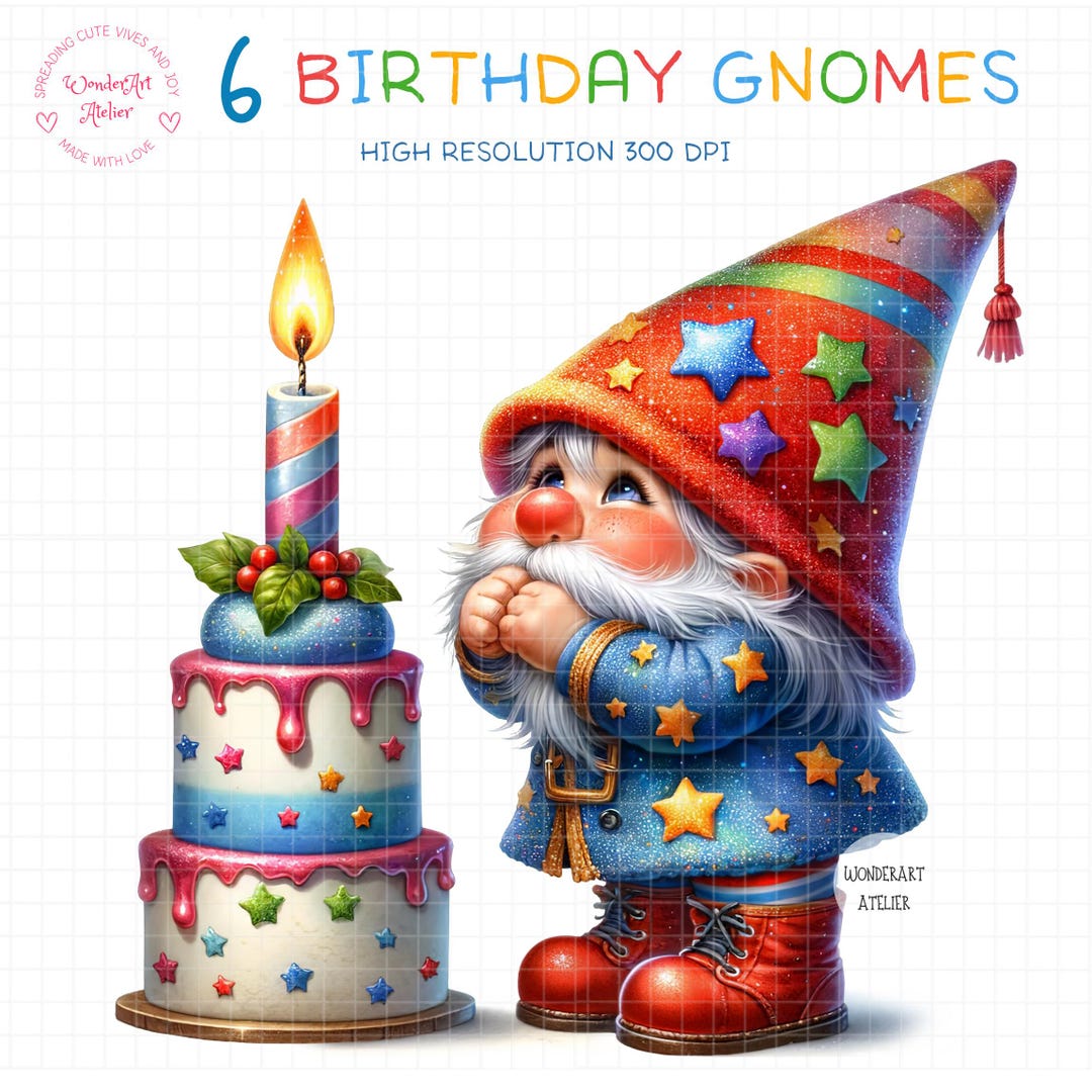 Happy Birthday Gnomes Clipart Pack in PNG Format, Watercolor Bundle ...