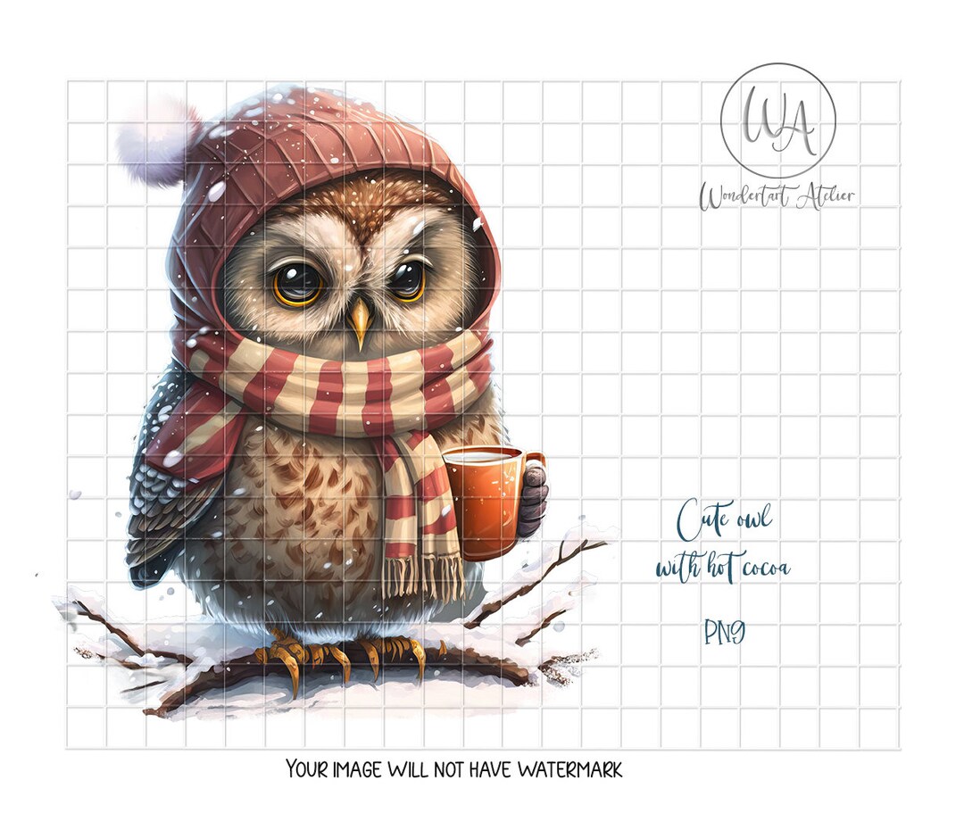 Cute Baby Owl Drinking Hot Cocoa. Clipart PNG. Watercolor. - Etsy