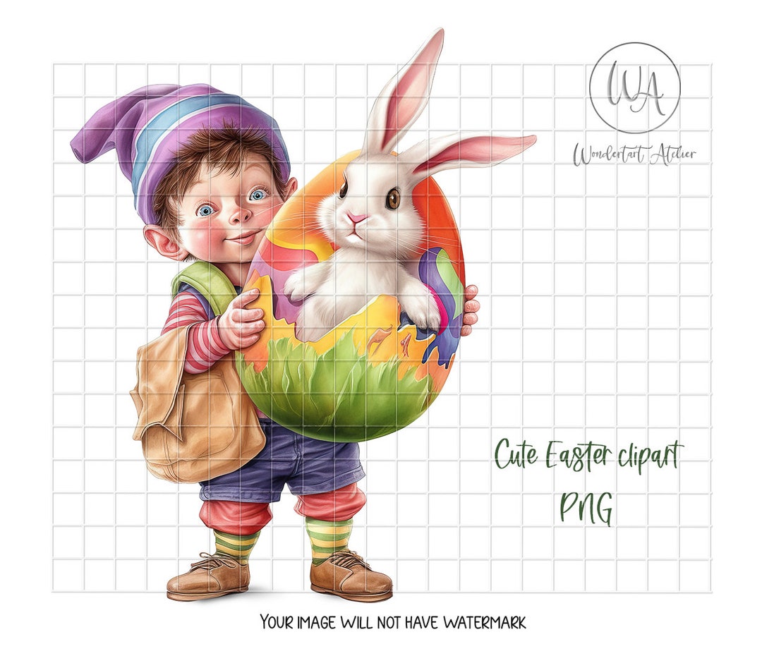 Easter Clipart PNG. Boy With Bunny and Easter Egg. Vintage Style ...