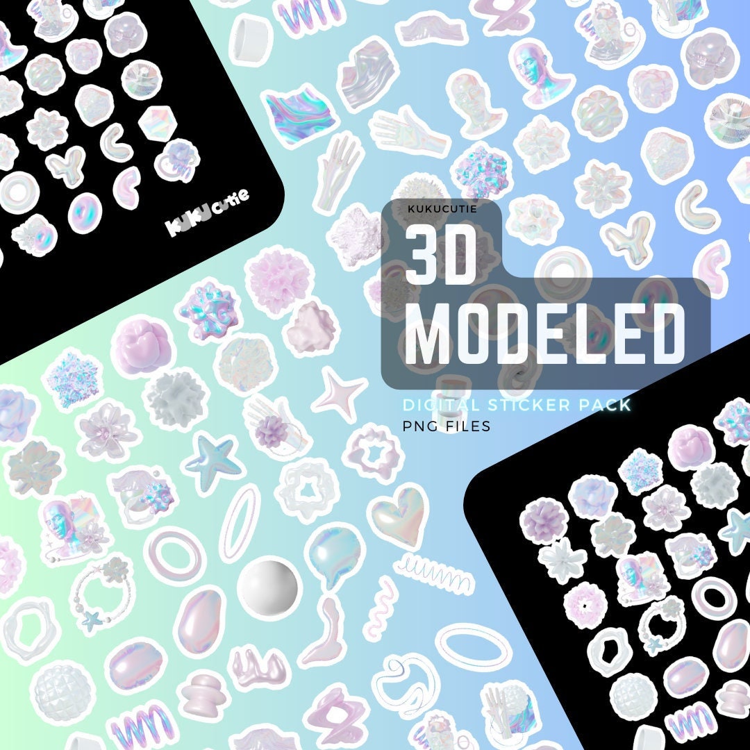3D Modeled Holographic Stickers | Fashion INS Style PNG Files (digital ...