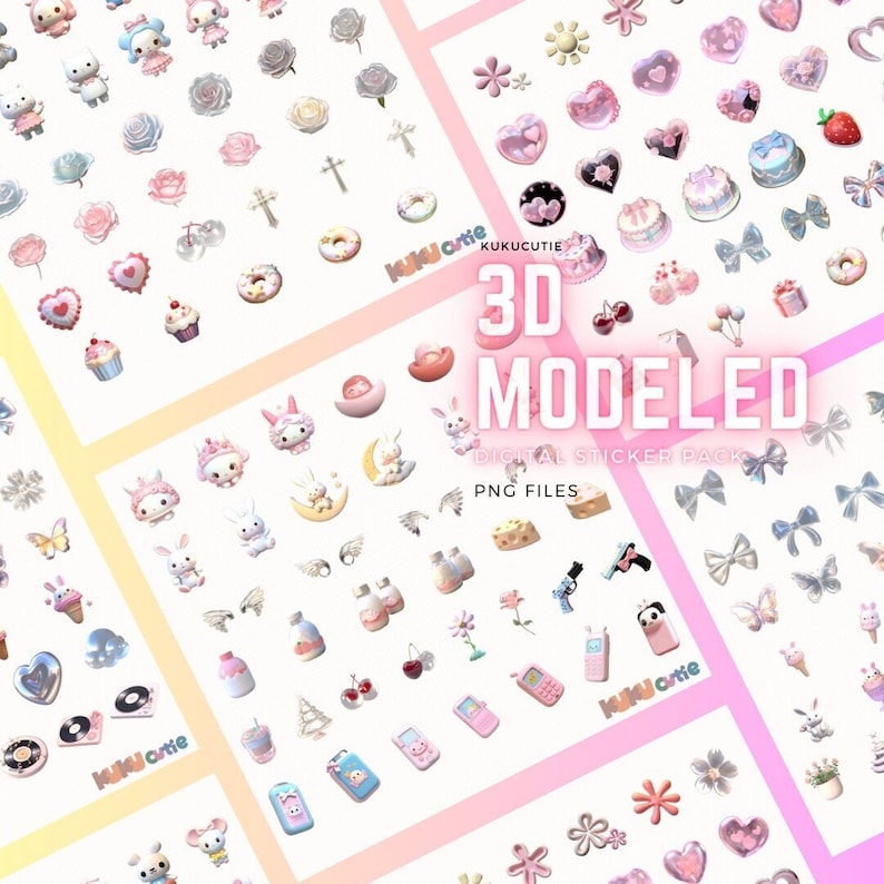 3D Modeled | Pink Cute STICKERS | Cute Icon | Digital Stickers ...