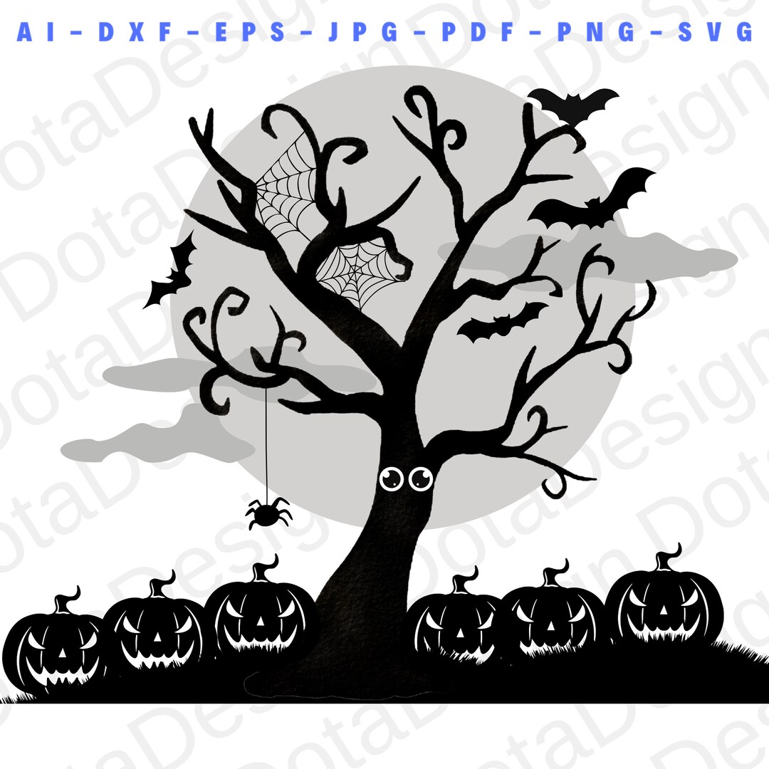 Halloween Scary Tree Svg, Spooky Tree, Spider Web With Bats, Dxf, Png ...