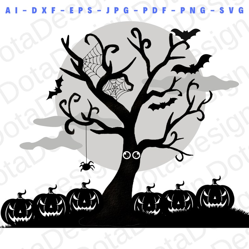 Halloween Scary Tree Svg, Spooky Tree, Spider Web With Bats, Dxf, Png, Jpg, Cut File for Cricut ...