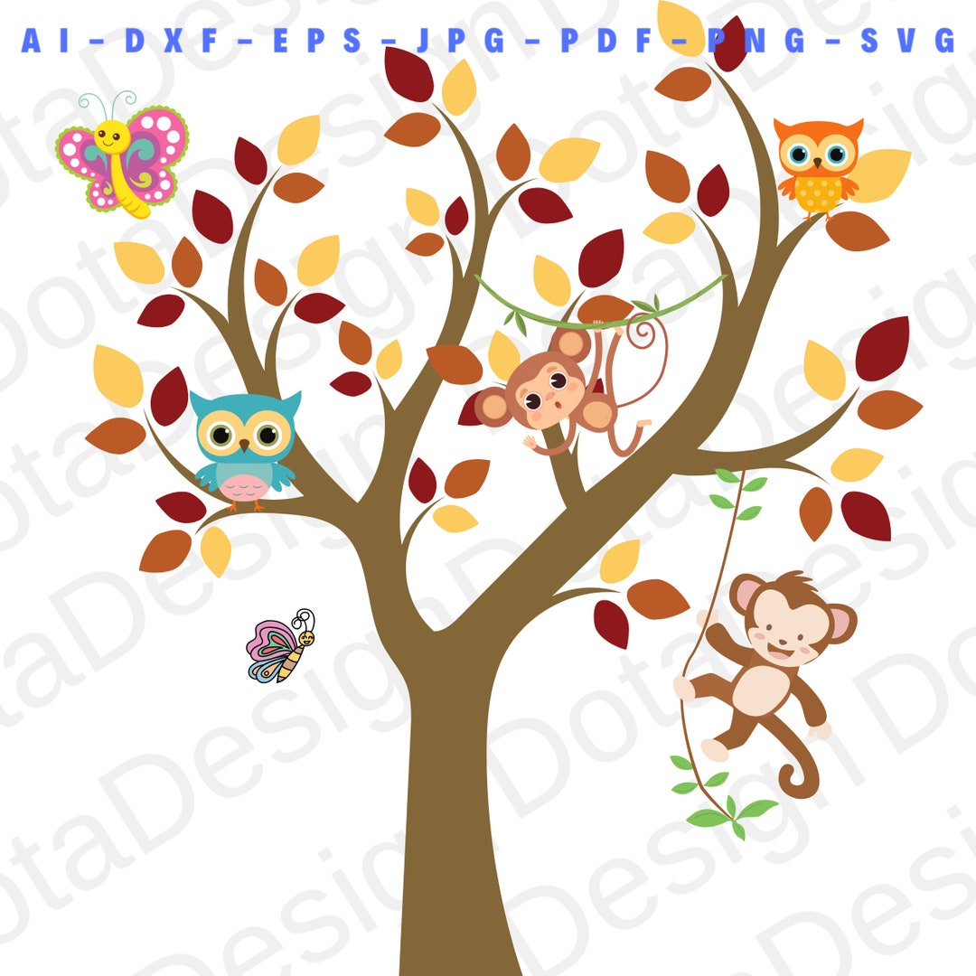 Fall Tree With Animals, Fall Tree Svg, Animals Clip Art, Monkey Png ...