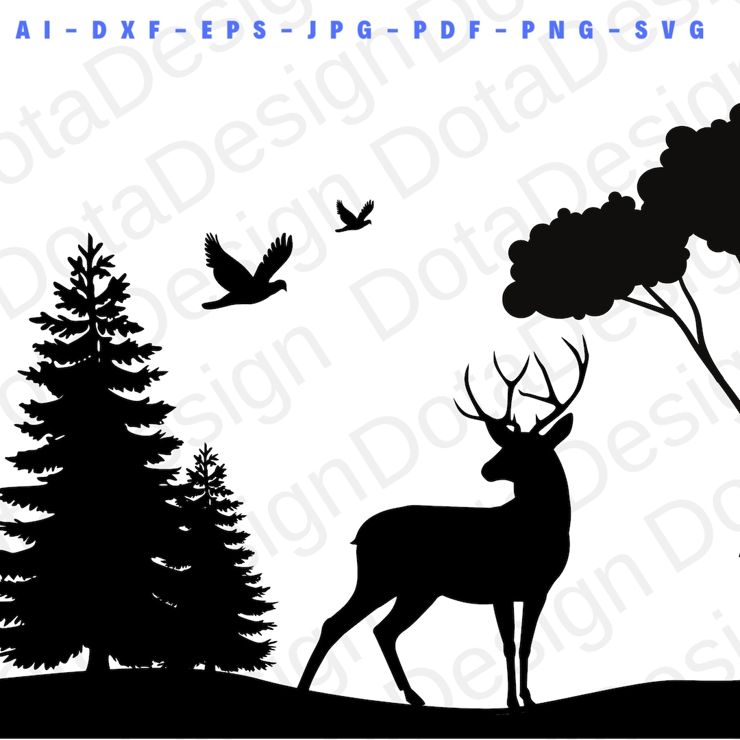 A Deer Svg, Deer in the Forest, Forest Print, Deer Silhoulette, Tree ...