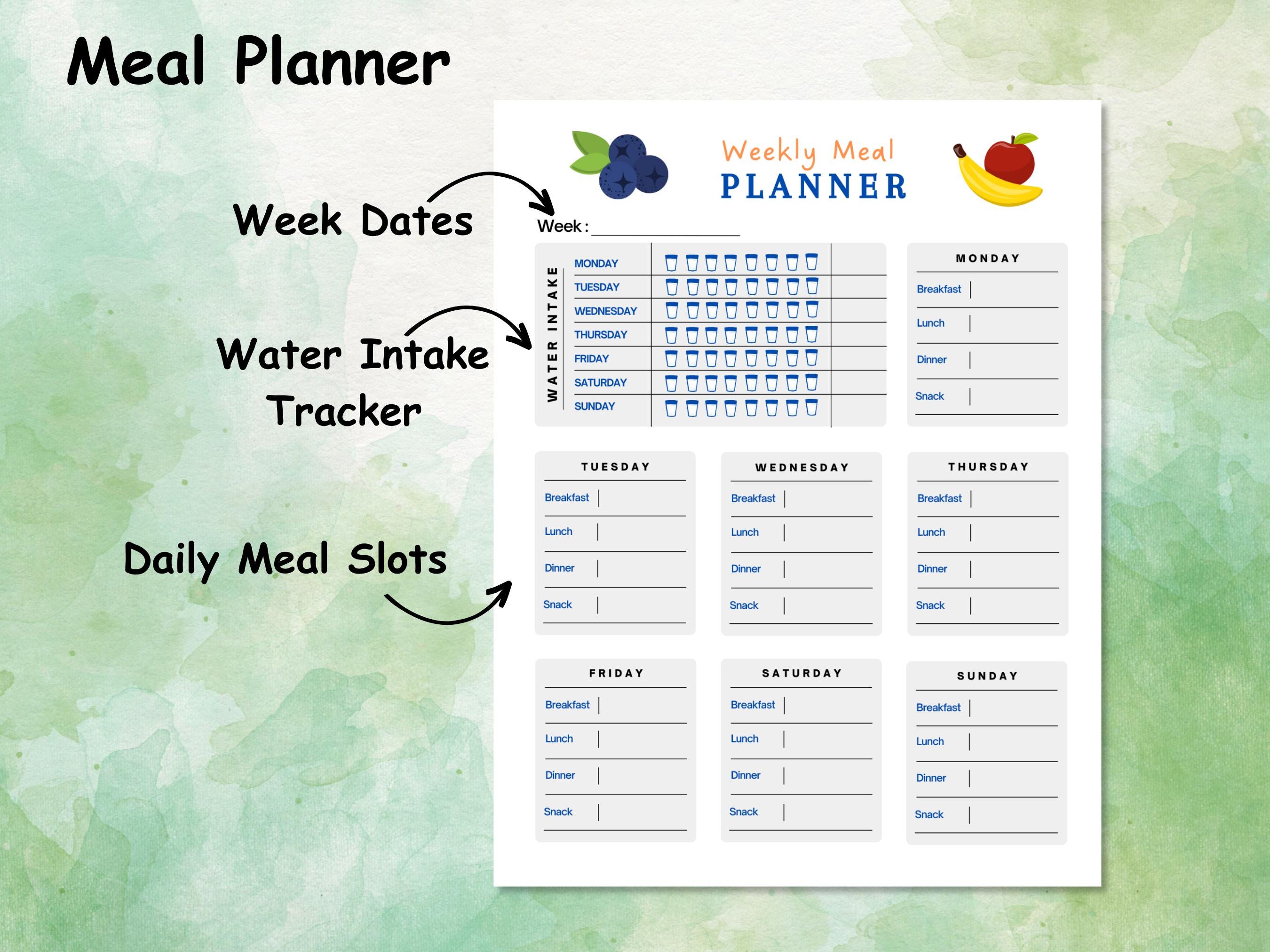 Weekly Meal Planner Printable With Daily Water Intake Tracker - Instant ...