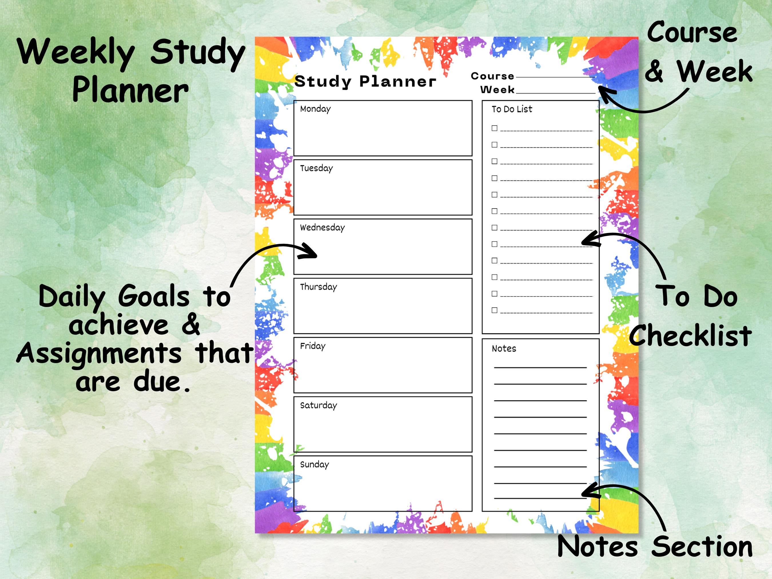 Colorful 4-week Weekly Study Planner - Printable Download - Etsy