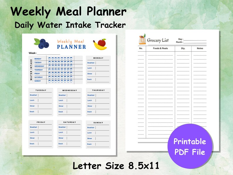 Weekly Meal Planner Printable With Daily Water Intake Tracker - Instant ...