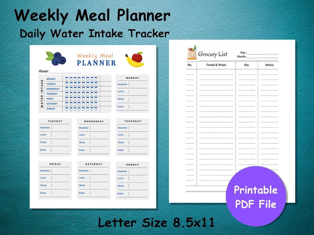 Weekly Meal Planner Printable With Daily Water Intake Tracker Instant ...