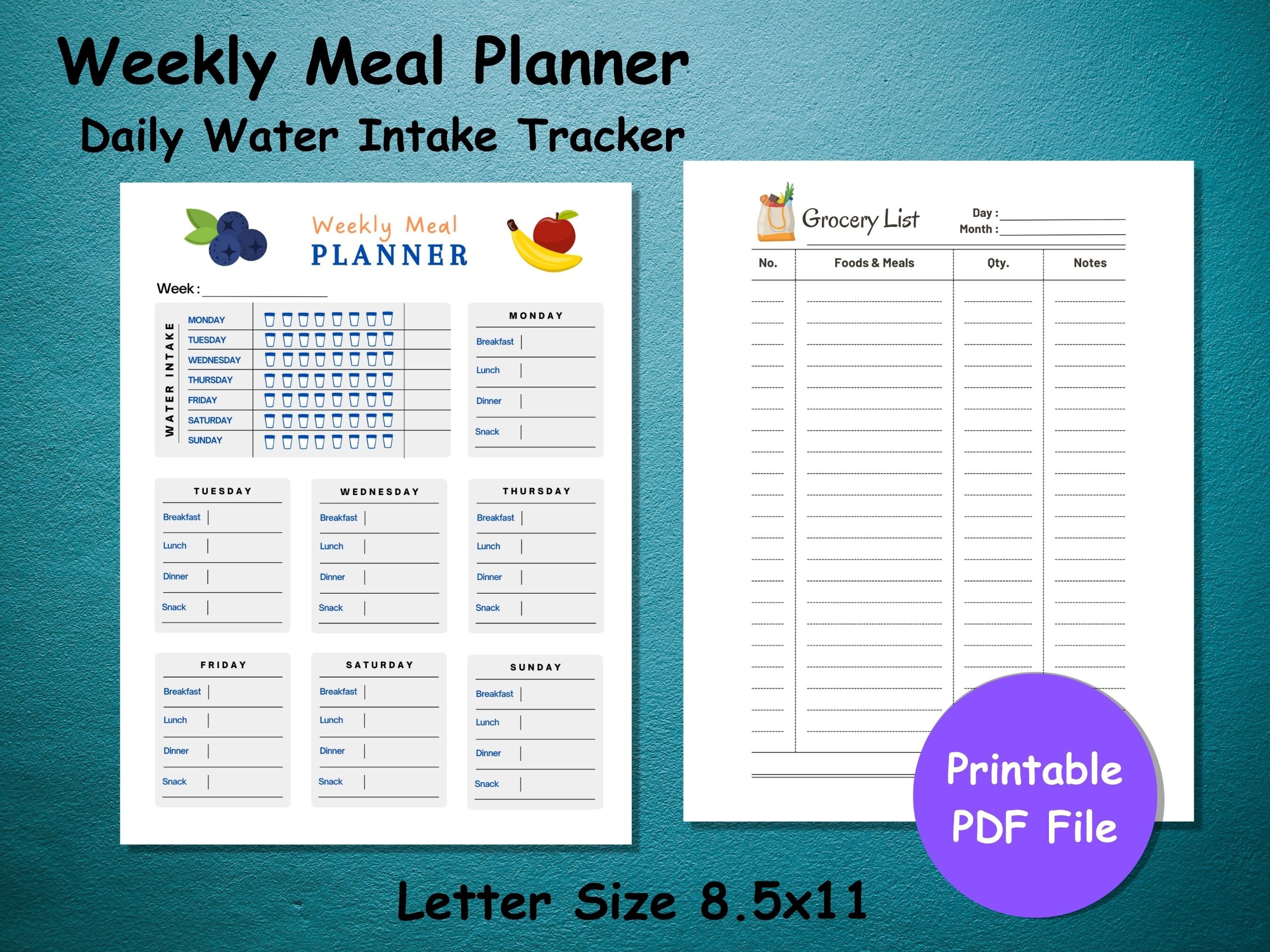 Weekly Meal Planner Printable With Daily Water Intake Tracker Instant ...
