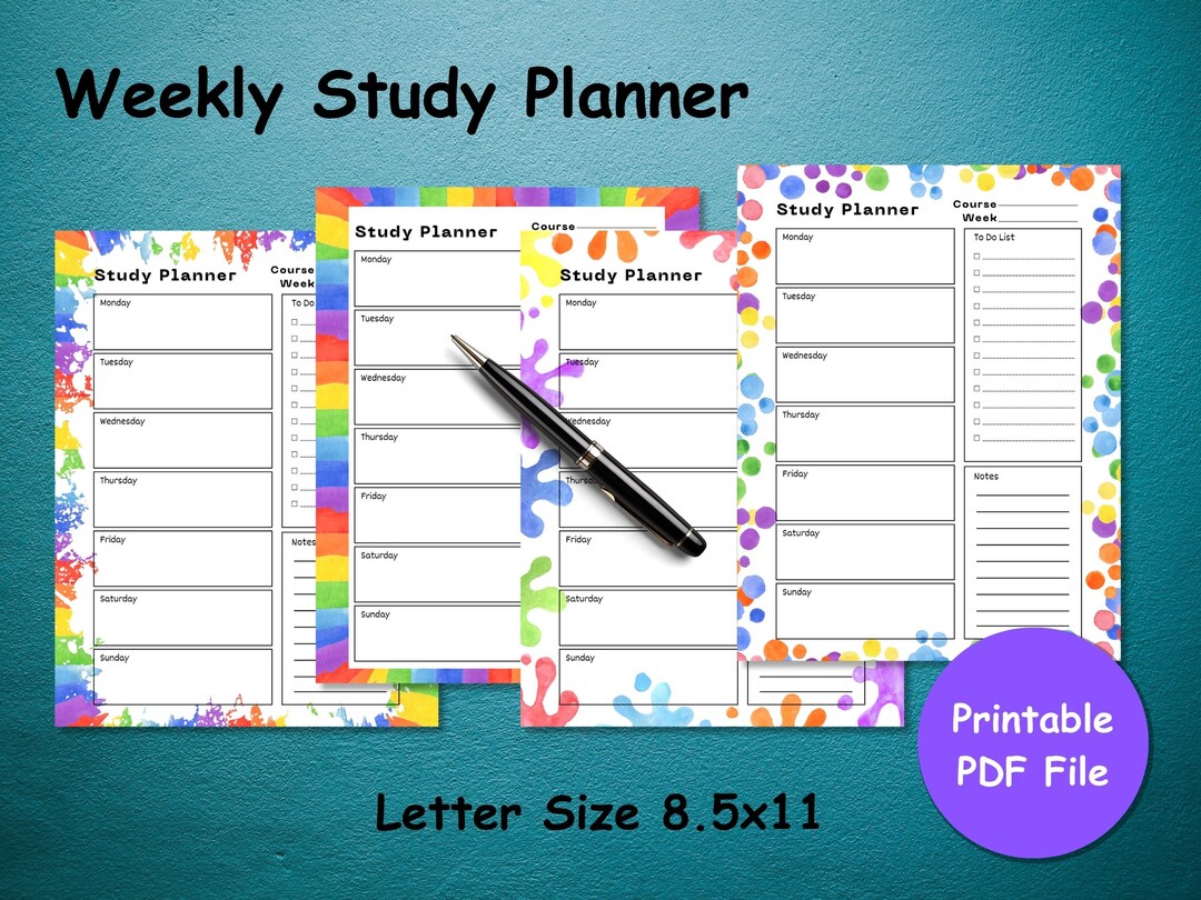 Colorful 4-week Weekly Study Planner Printable Download - Etsy