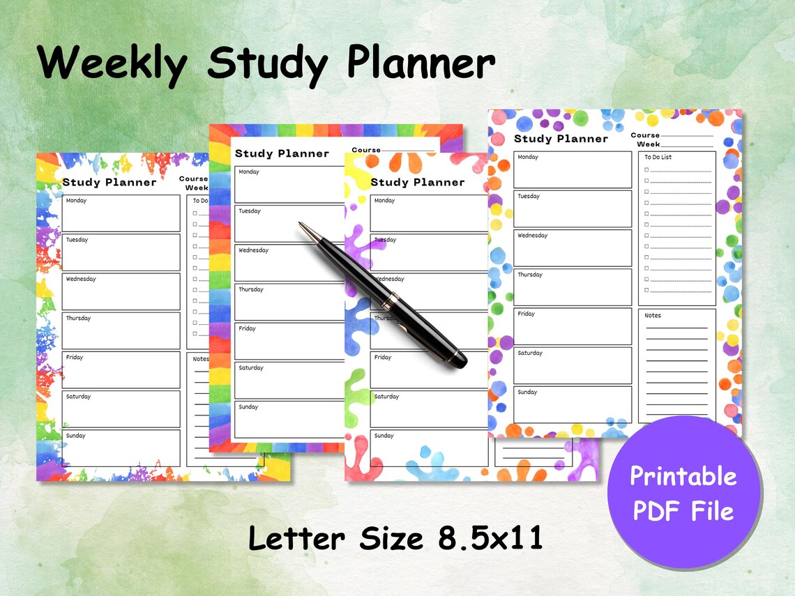 Colorful 4-week Weekly Study Planner - Printable Download - Etsy