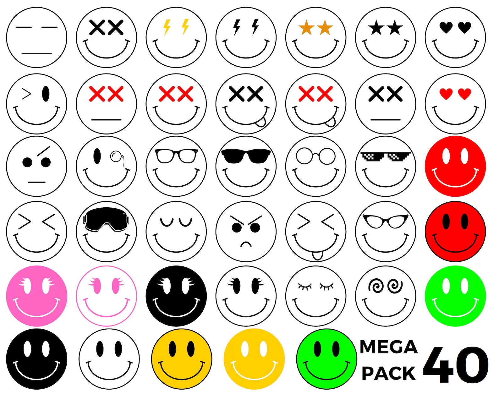 Smiley Face SVG Bundle, 40 Pack, Joyful Emoticon Digital Files, Instant ...