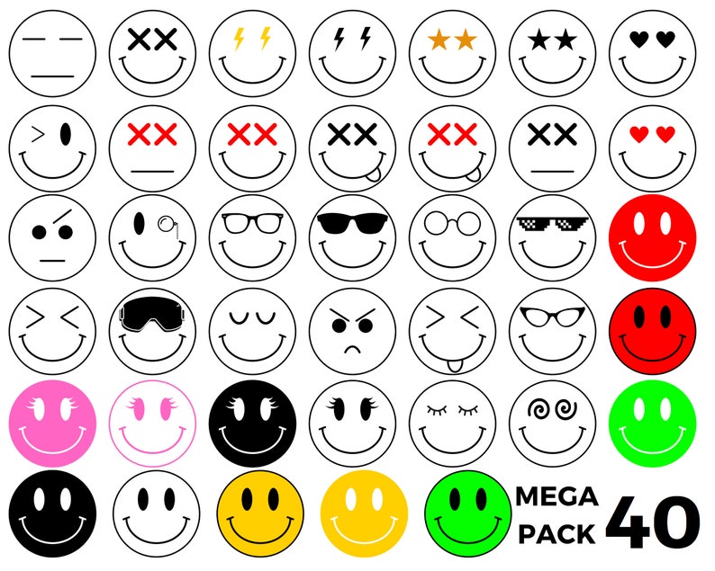 Smiley Face SVG Bundle, 40 Pack, Joyful Emoticon Digital Files, Instant ...