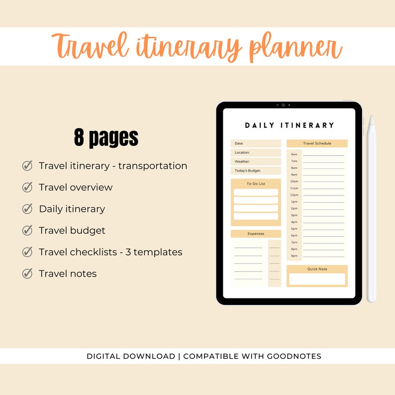 Travel Itinerary Planner Template for Goodnotes, Simple Vacation ...