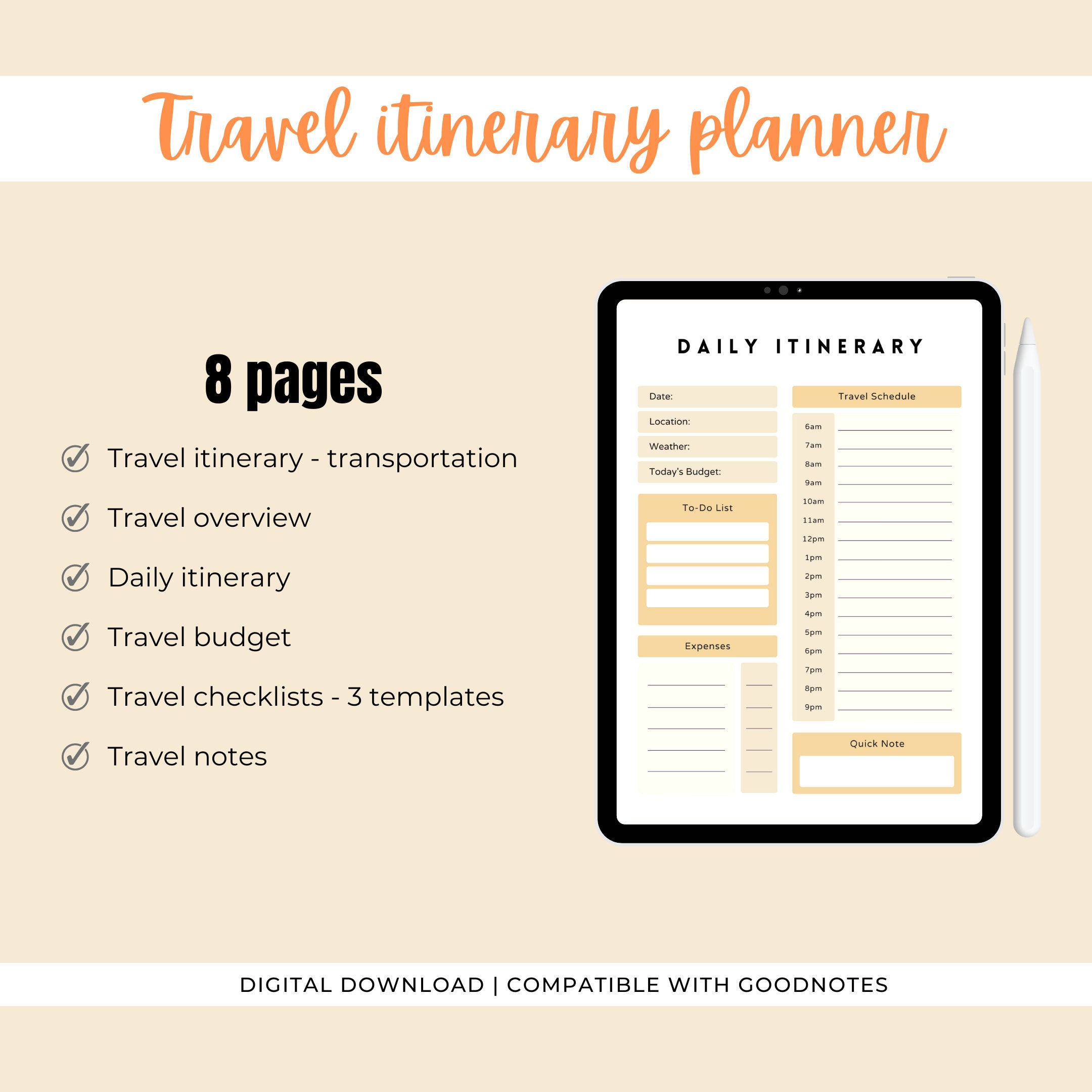 Travel Itinerary Planner Template for Goodnotes, Simple Vacation ...