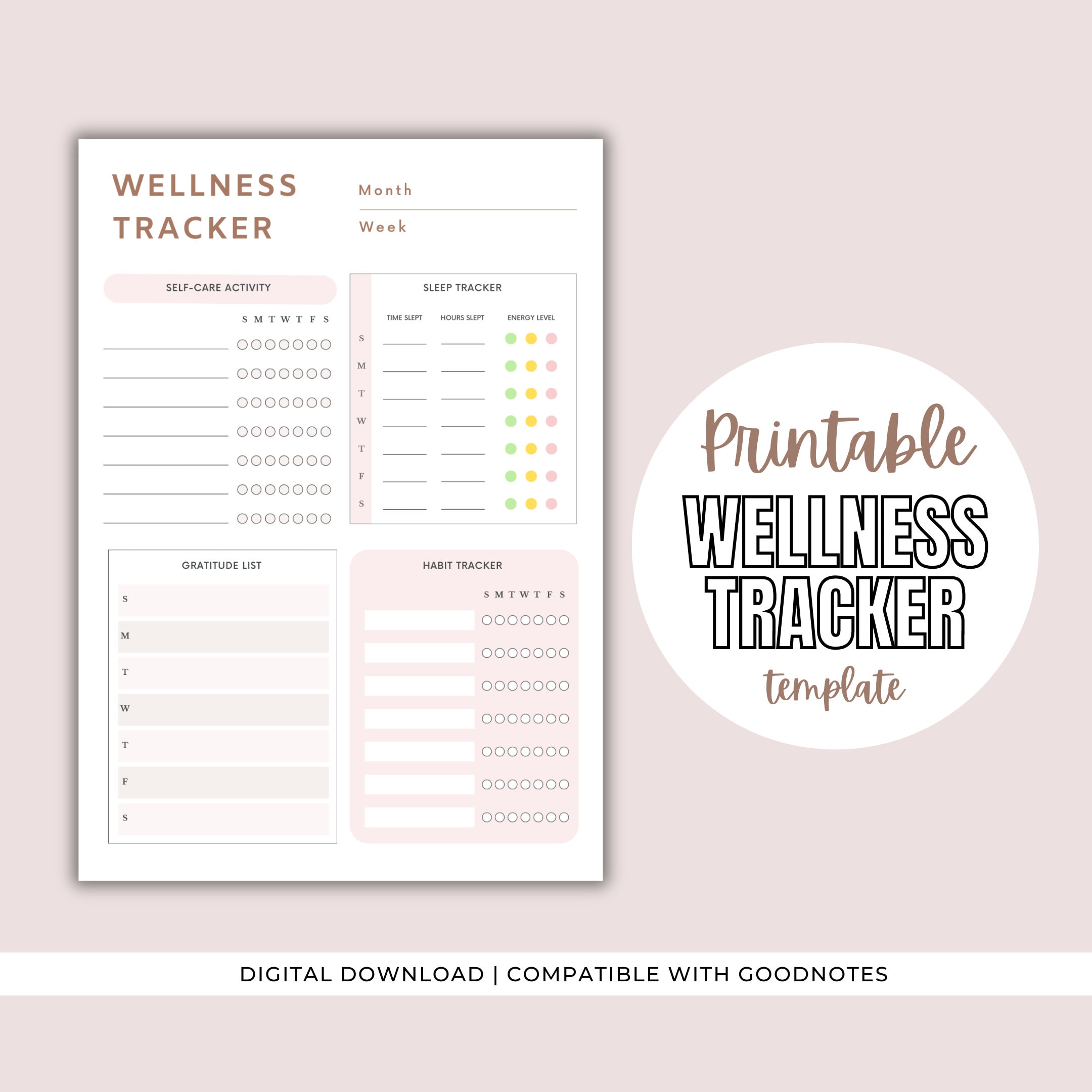 Wellness Tracker Template for Goodnotes, Printable Health Tracker, Self ...