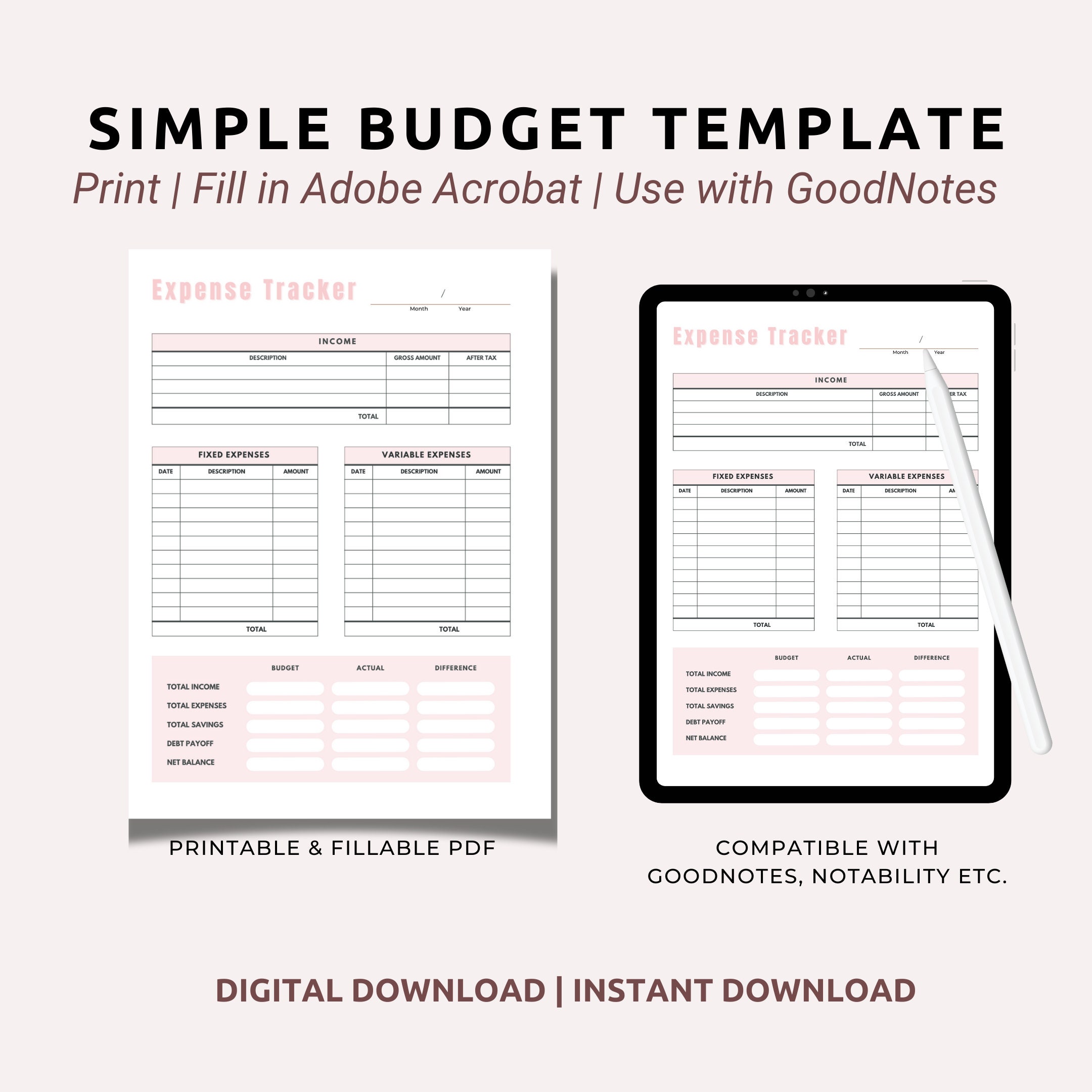Monthly Expense Tracker Printable and Fillable Pdf, Budget Planner ...