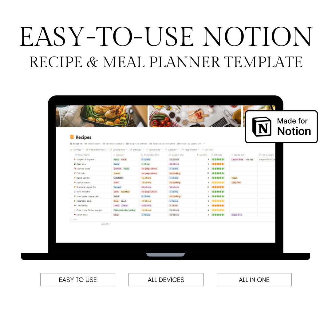 Notion Recipe and Meal Planner Template, Recipe Cards Template, Notion ...