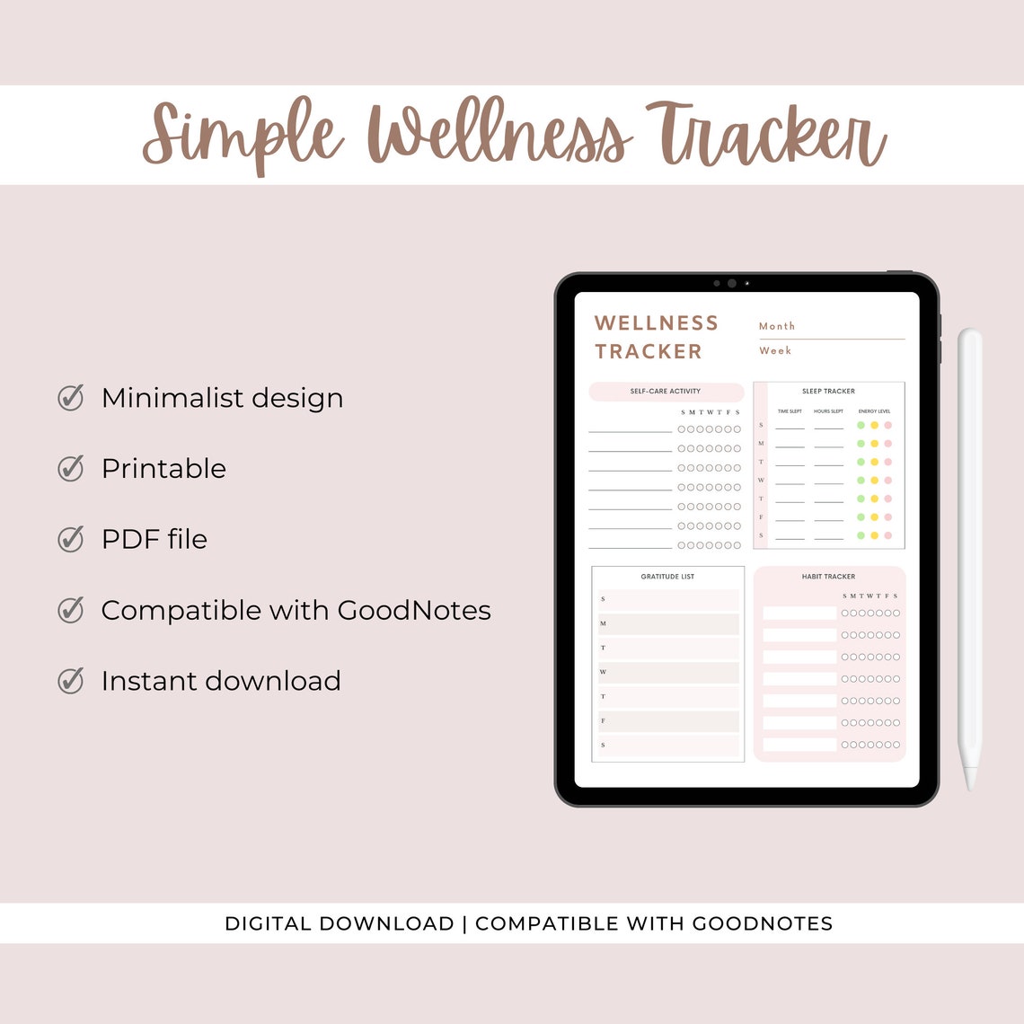 Wellness Tracker Template for Goodnotes, Printable Health Tracker, Self ...