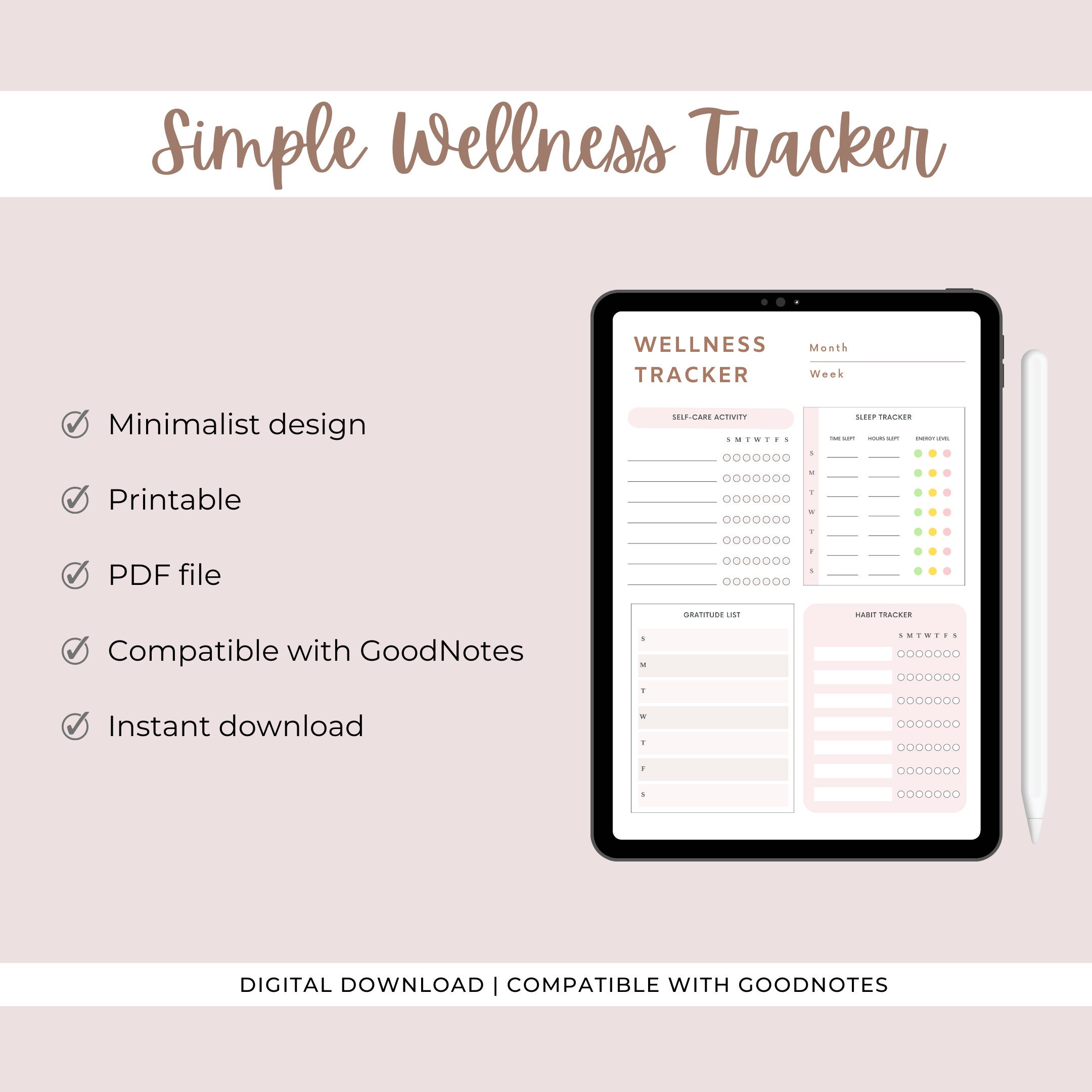 Wellness Tracker Template for Goodnotes, Printable Health Tracker, Self ...