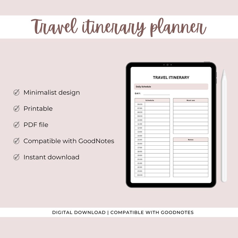 Travel Itinerary Planner Template for Goodnotes, Simple Vacation ...