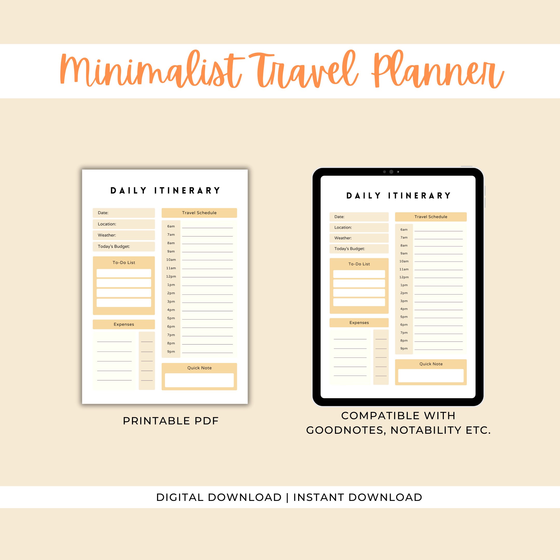 Travel Itinerary Planner Template for Goodnotes, Simple Vacation ...