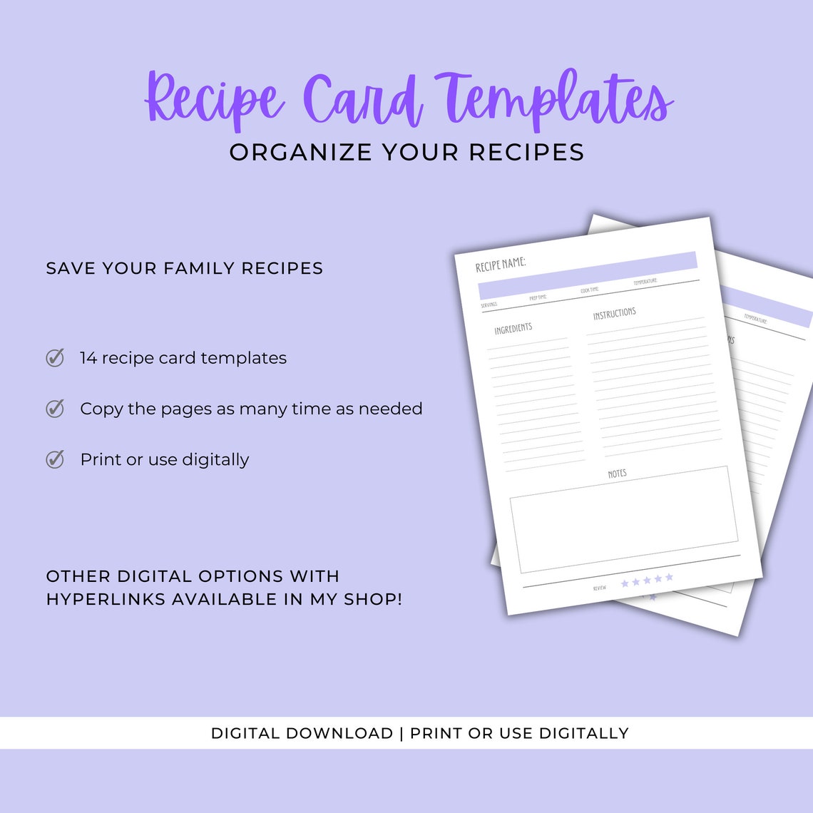 Printable Recipe Card Templates , Digital Recipe Journal, Digital ...
