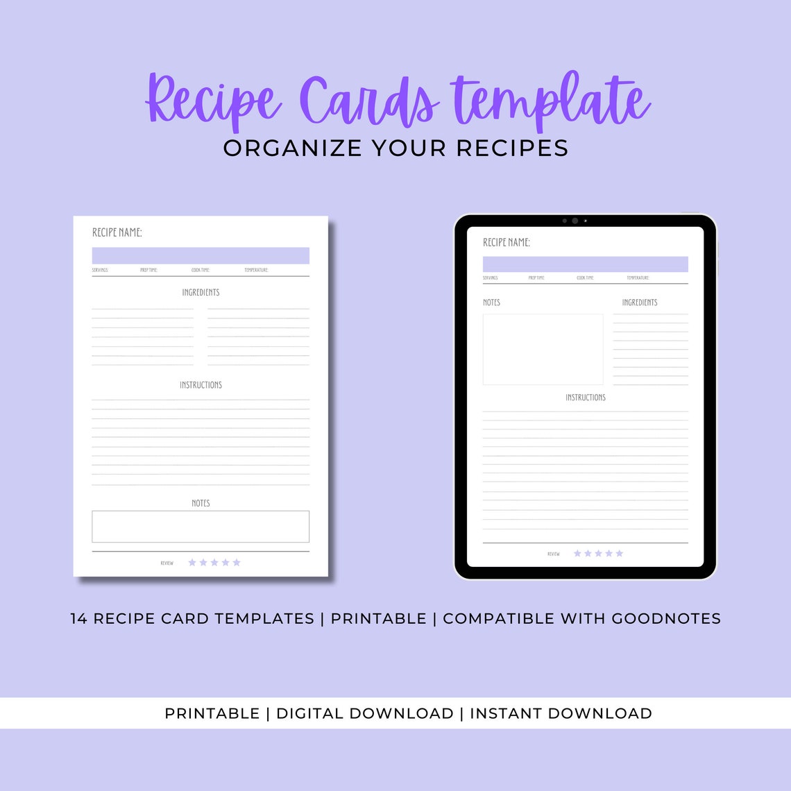 Printable Recipe Card Templates , Digital Recipe Journal, Digital ...