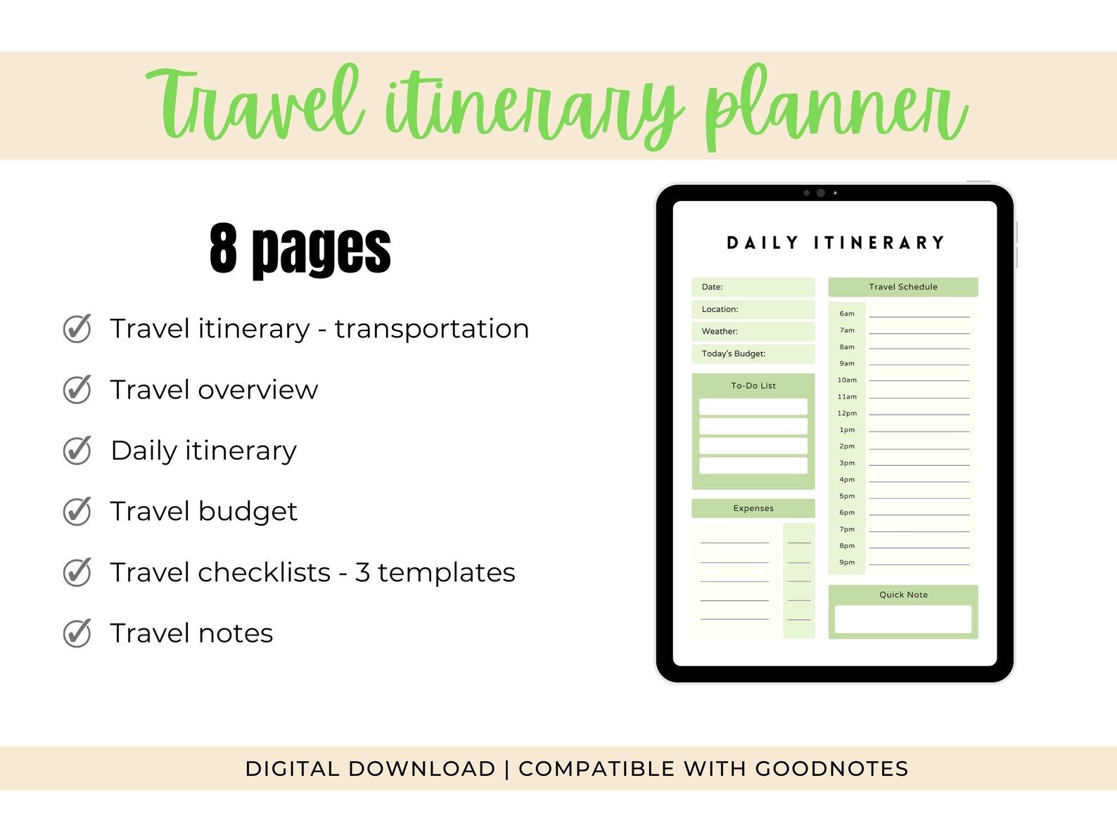 Travel Itinerary Planner Template for Goodnotes Simple - Etsy