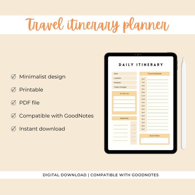Travel Itinerary Planner Template for Goodnotes, Simple Vacation ...