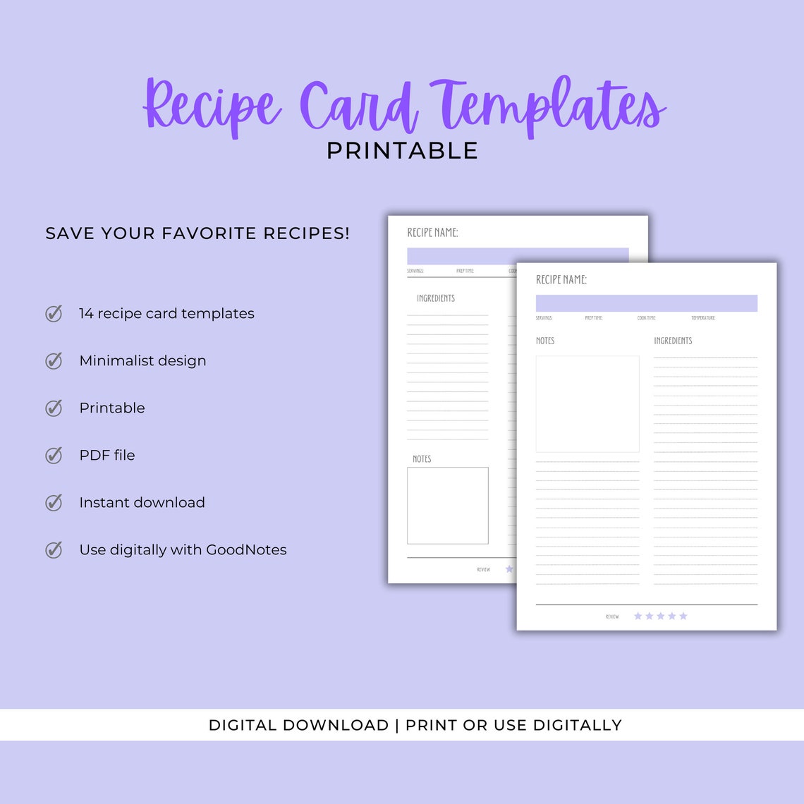 Printable Recipe Card Templates , Digital Recipe Journal, Digital ...