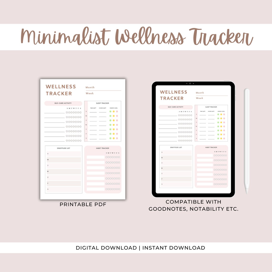Wellness Tracker Template for Goodnotes, Printable Health Tracker, Self ...