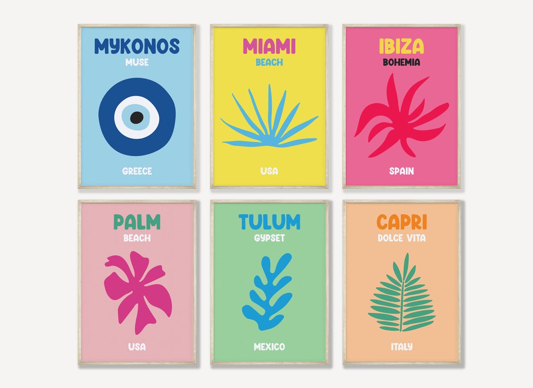Travel Print Set of 6, Gallery Wall Set, Retro Travel Poster, Colorful ...