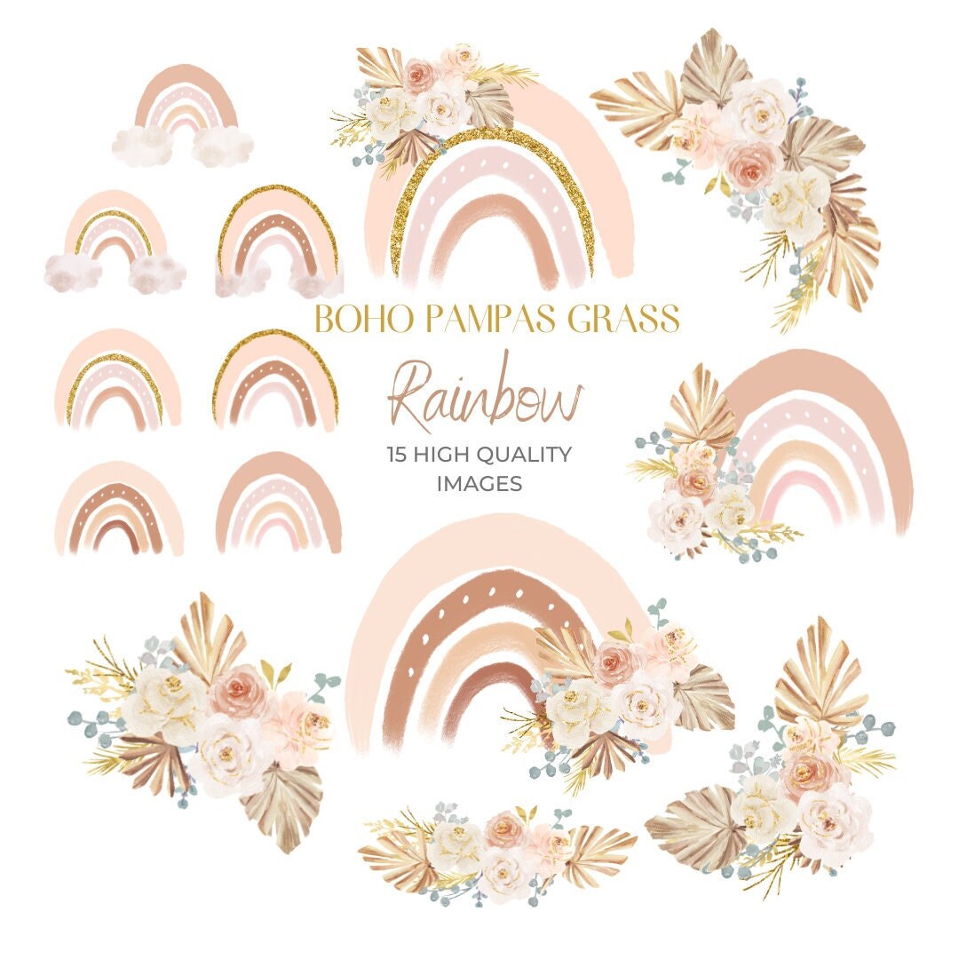 Pastel Boho Rainbow With Flowers Png | Boho Pampas Grass Rainbow ...