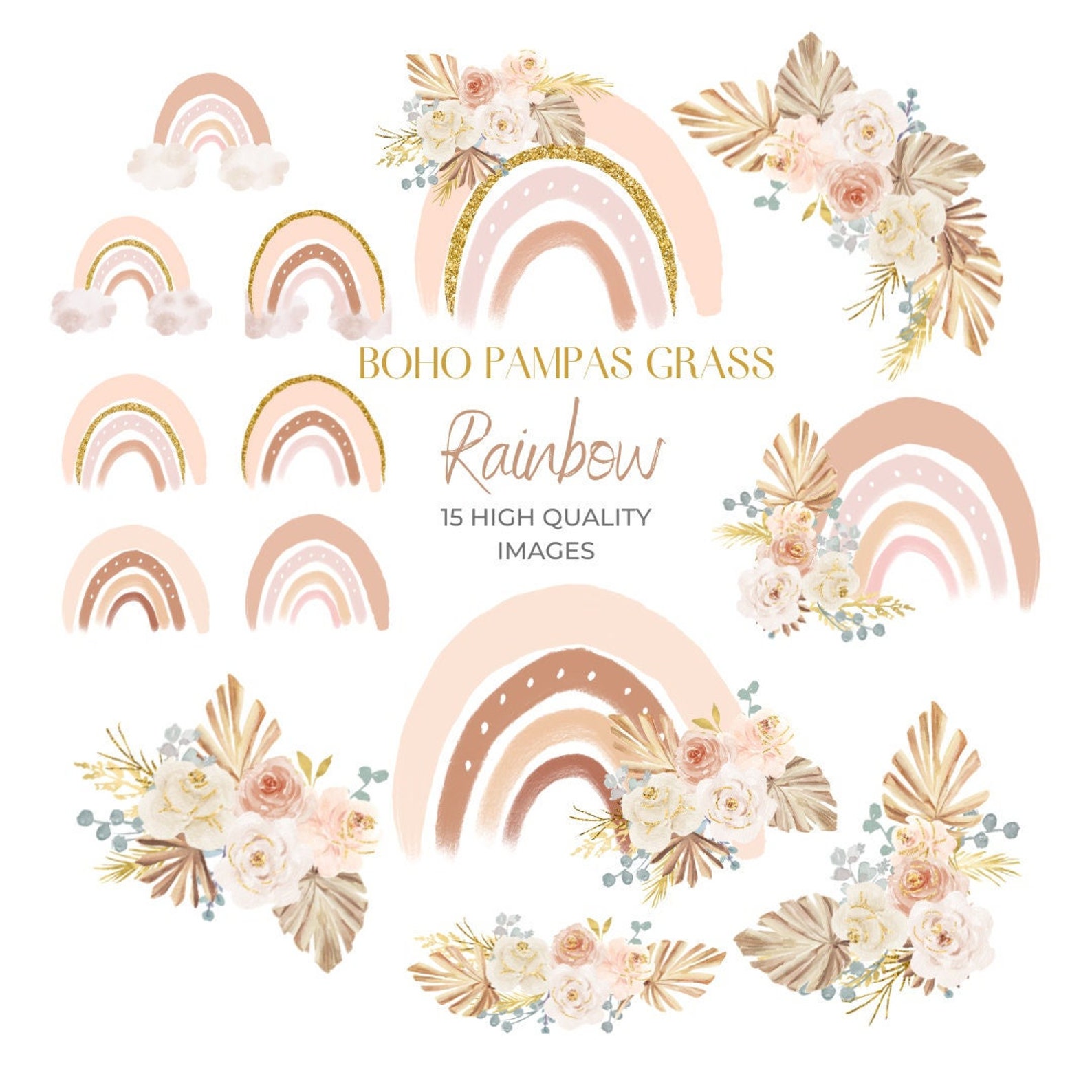 Pastel Boho Rainbow With Flowers Png | Boho Pampas Grass Rainbow ...