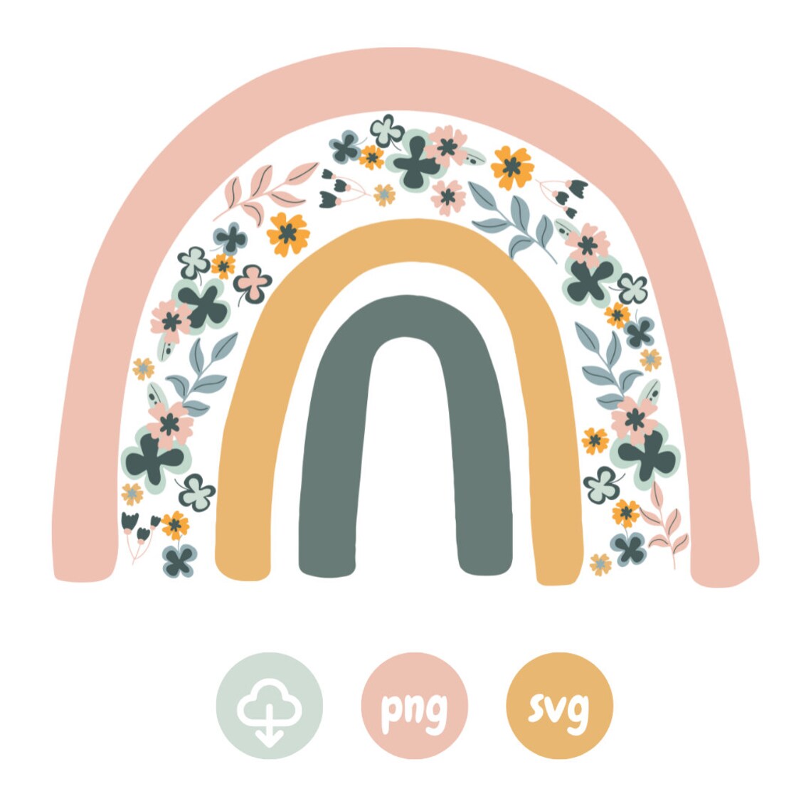 Pastel Boho Rainbow With Flowers Svg and Png Files, Bohemian Rainbow ...