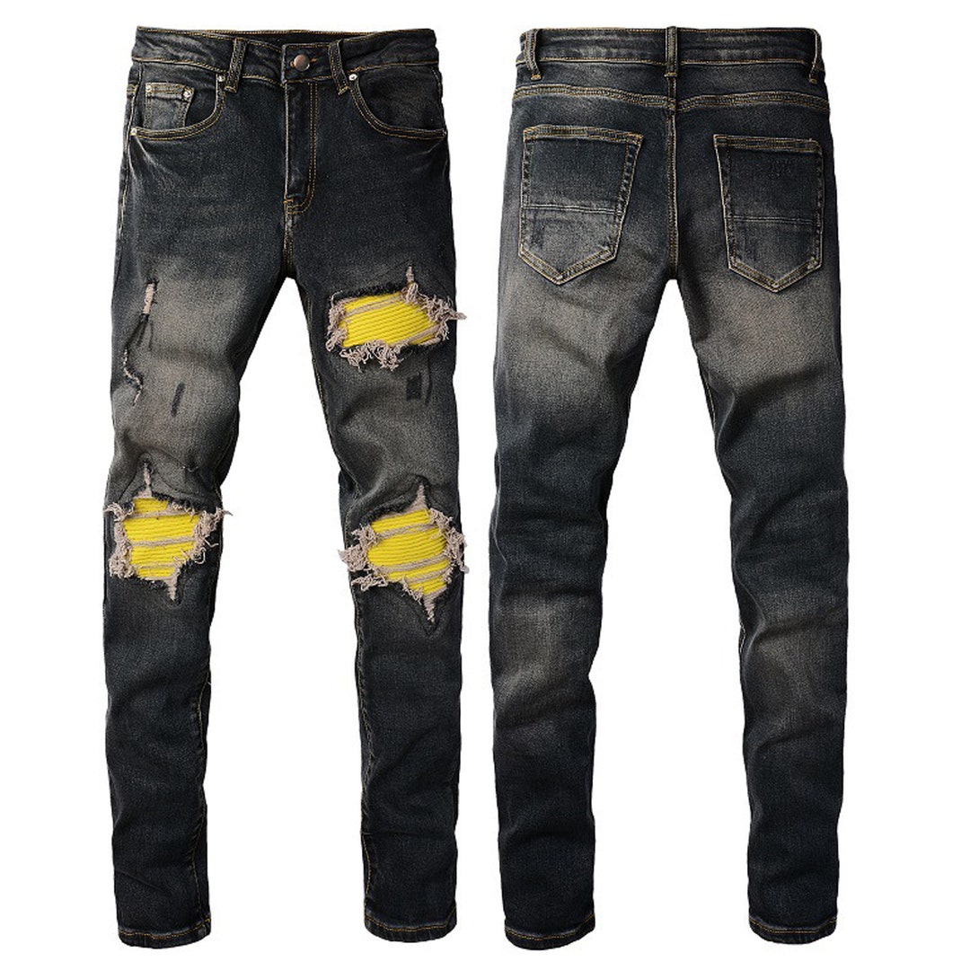 Men's Ripped Patch Black Jeans Yellow Patch Knee Denim - Etsy