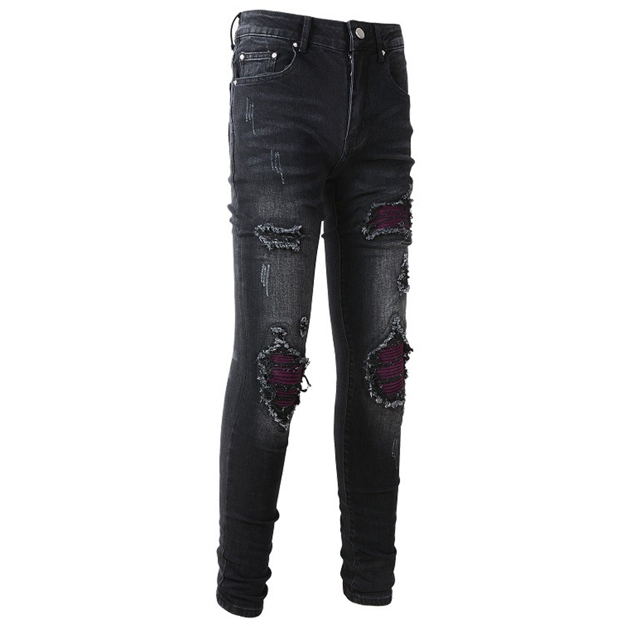Black Knee Ripped Jeans Red Patch Stretch Jeans Street Mens Etsy
