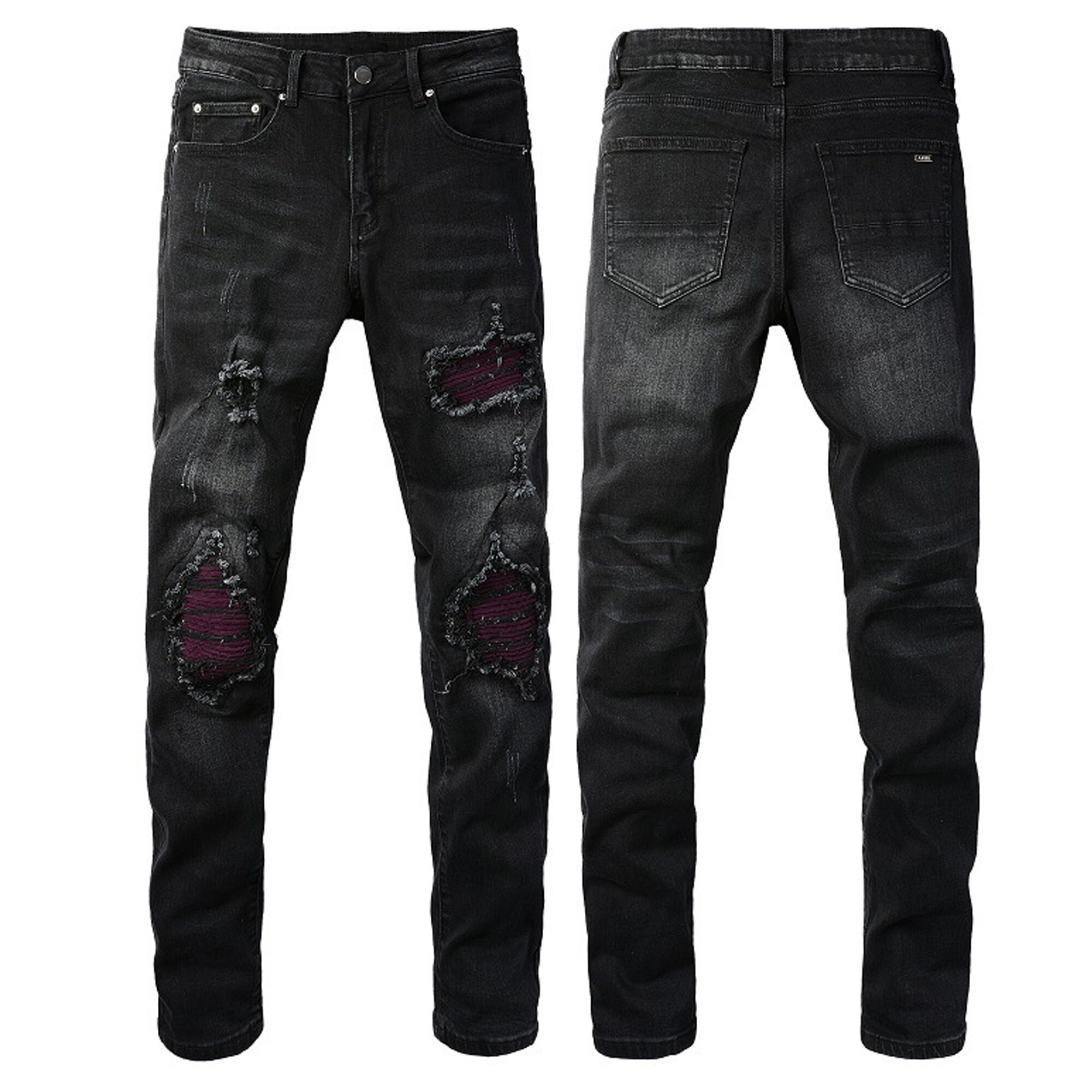 Black Knee Ripped Jeans Red Patch Stretch Jeans Street Mens Etsy