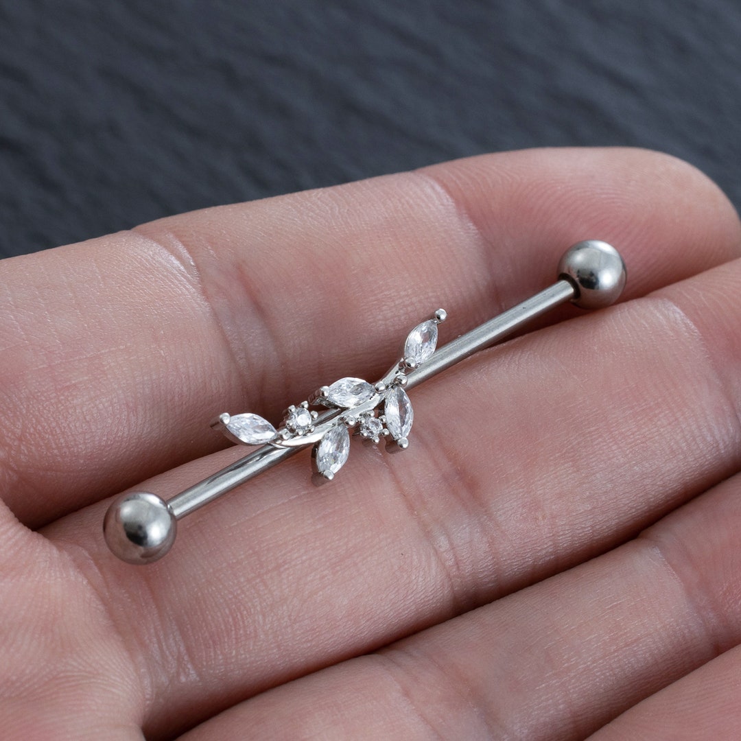 14G Zircon Flower Industrial Barbell,ear Piercing,cartilage Earrings ...