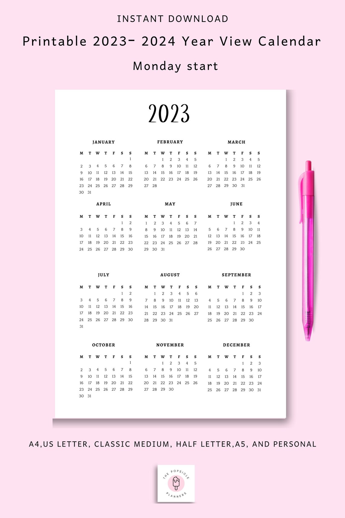 2023 2024 Year Calendar Printable, Yearly Calendar, Vertical, Monday ...