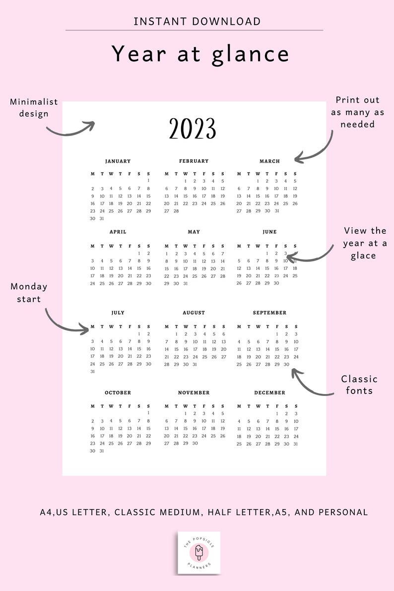 2023 2024 Year Calendar Printable, Yearly Calendar, Vertical, Monday ...