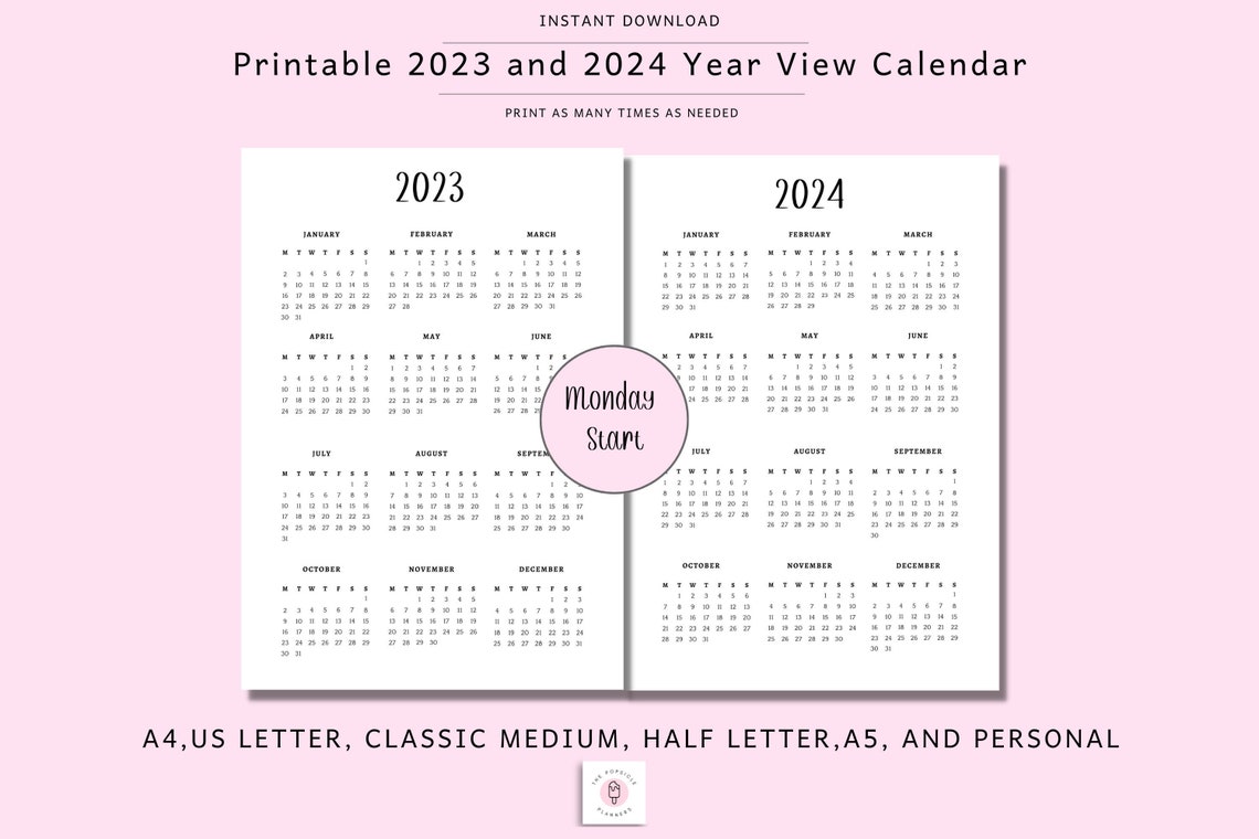 2023 2024 Year Calendar Printable, Yearly Calendar, Vertical, Monday ...