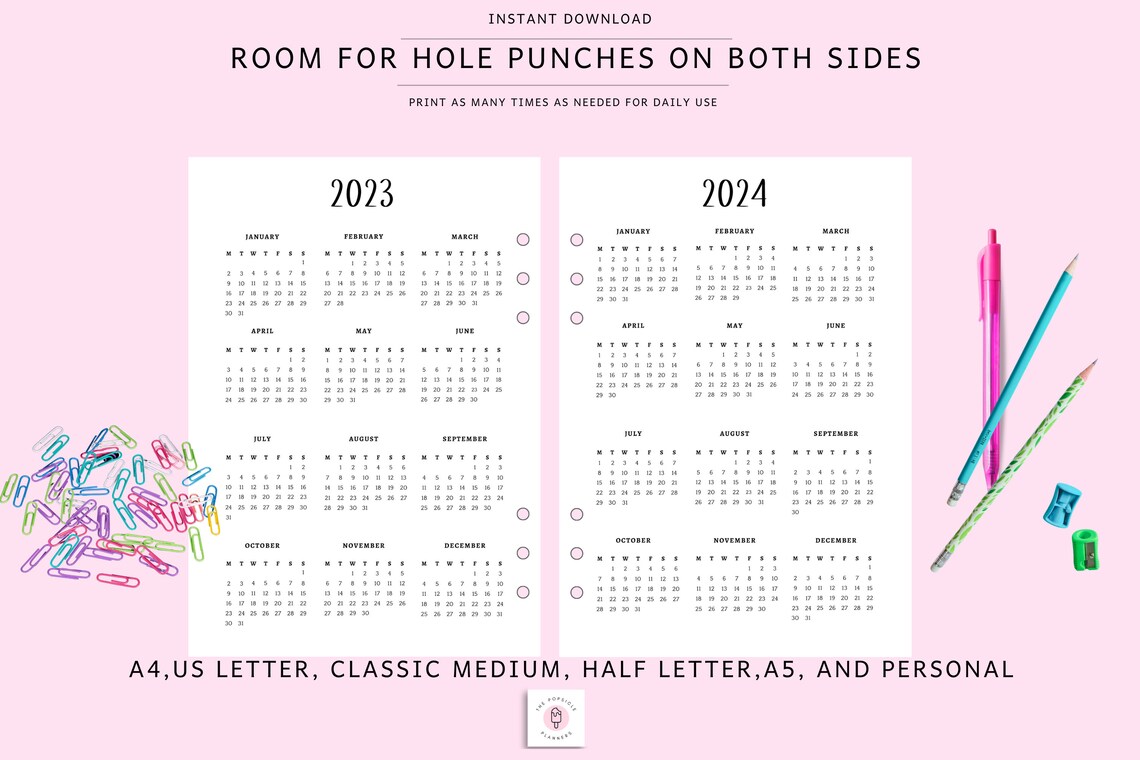 2023 2024 Year Calendar Printable, Yearly Calendar, Vertical, Monday ...