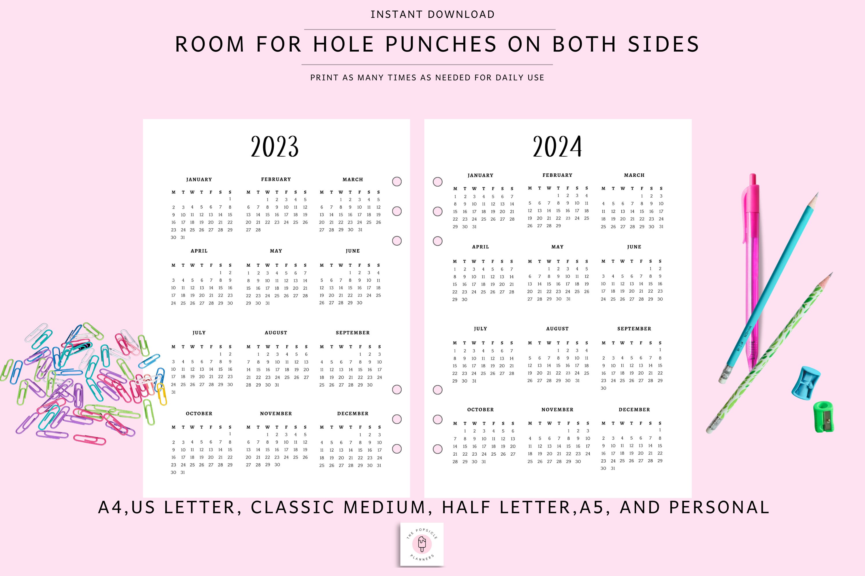 2023 2024 Year Calendar Printable, Yearly Calendar, Vertical, Monday ...