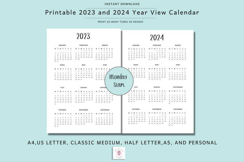 2023 2024 Year Calendar Printable, Yearly Calendar, Vertical, Monday ...